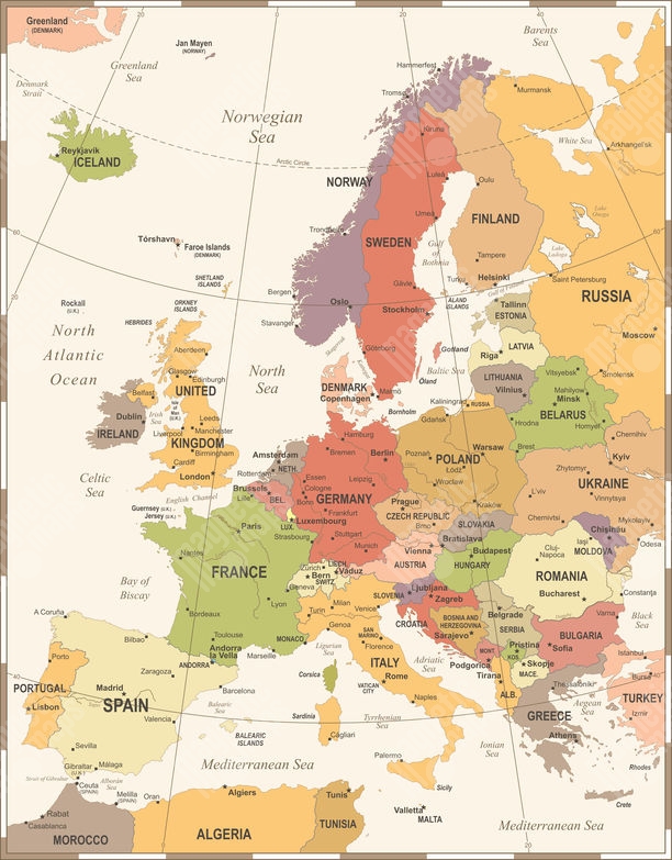 Magnetic map of Europe, vintage, colored
