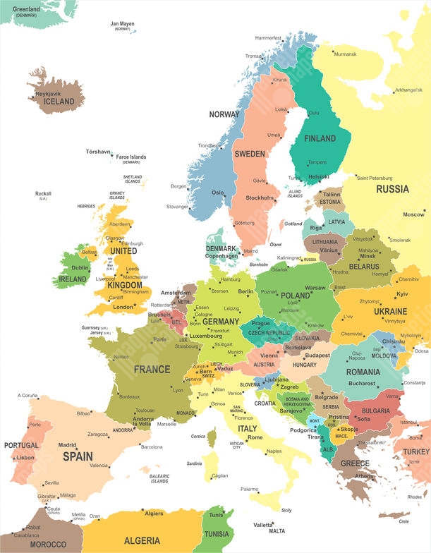 Magnetic map of Europe, illustrated, colored