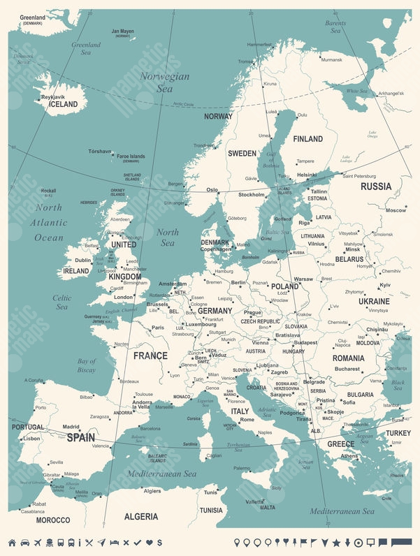 Magnetic map of Europe, illustrated, white-blue