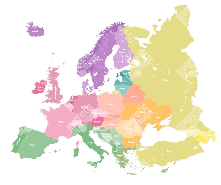 Magnetic map of Europe, administrative, colored