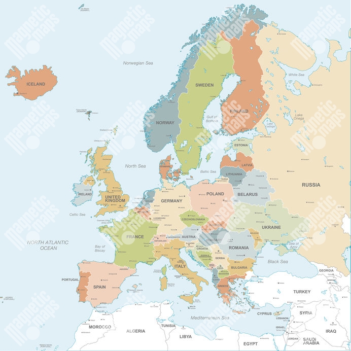 Magnetic map of Europe, vector, colored