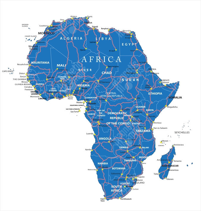Magnetic map of Africa, roads, blue