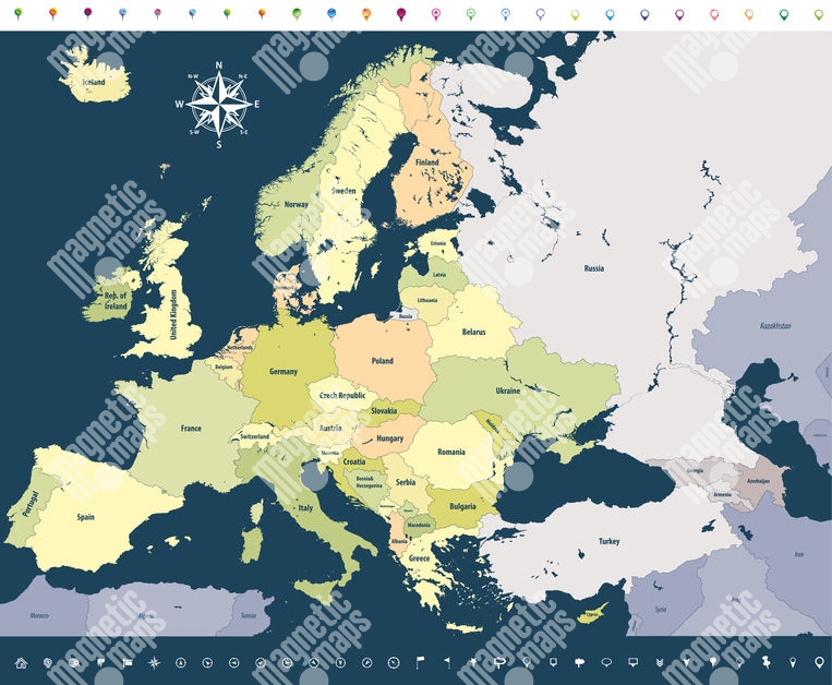 Magnetic map of Europe, political, colored
