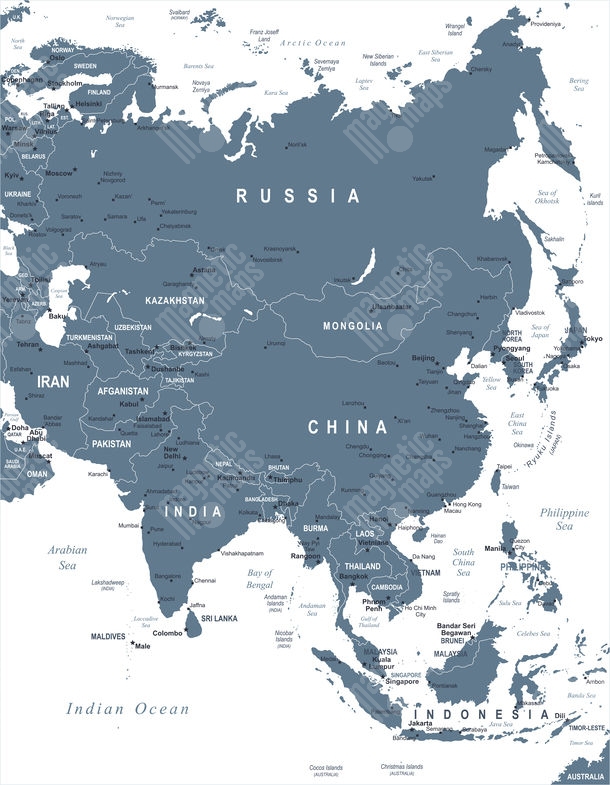 Magnetic map of Asia, illustrated, grey