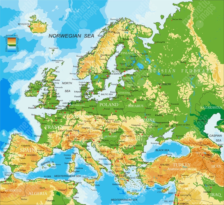 Magnetic map of Europe, geographic, colored