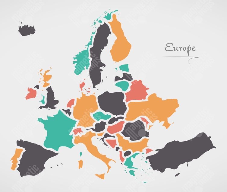 Magnetic map of Europe, illustrated, colored