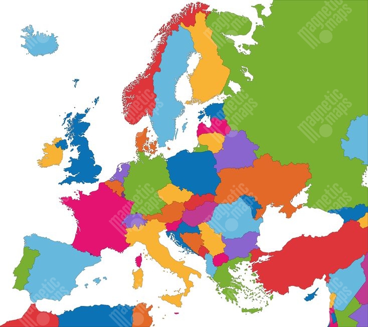 Magnetic map of Europe, illustrated, colored