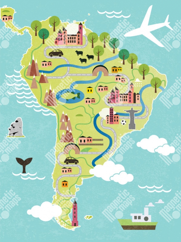 Magnetic map of South America, cartoon, colored