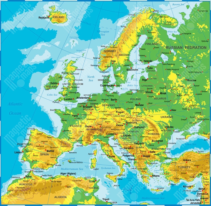 Magnetic map of Europe, geographic, colored