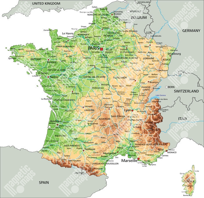 Magnetic map of France, geographic, colored
