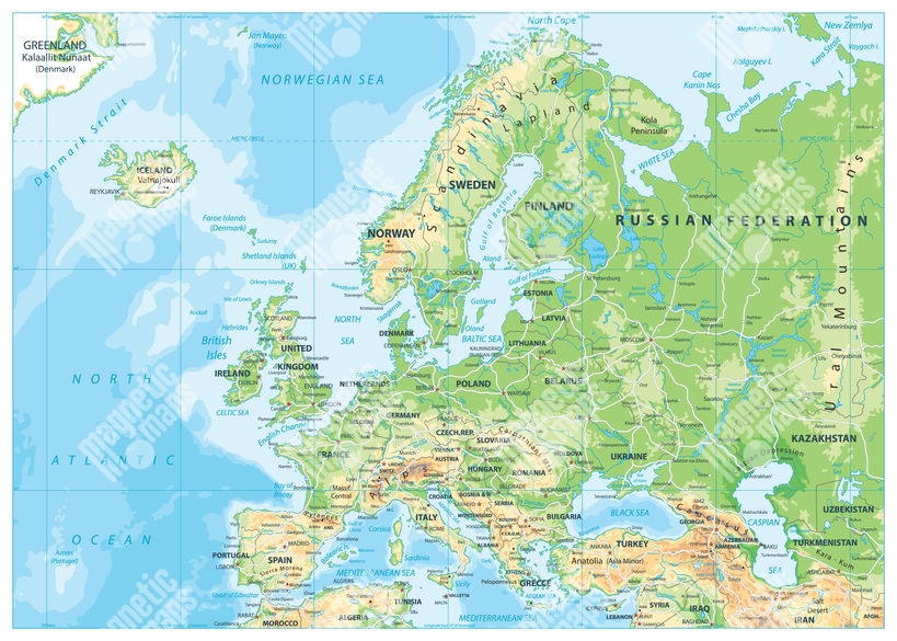 Magnetic map of Europe, geographic, detailed
