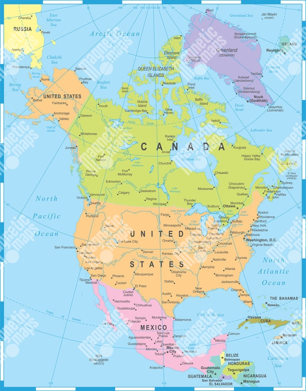 Magnetic map of North America, political, colored