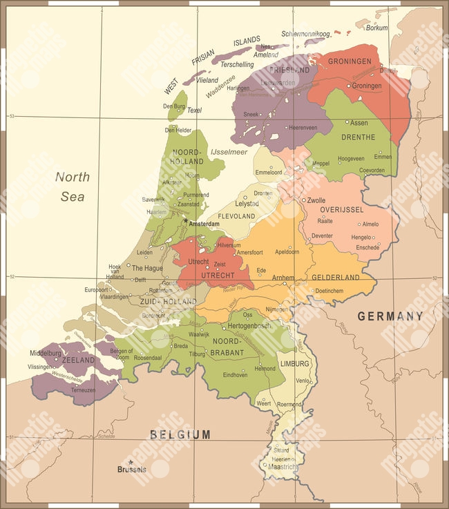 Magnetic map of Netherlands, vintage, colored